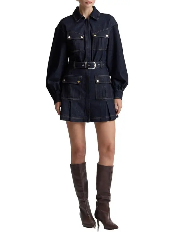 Avec Les Filles Belted Long Sleeve Stretch Denim Minidress - Dark Rinse