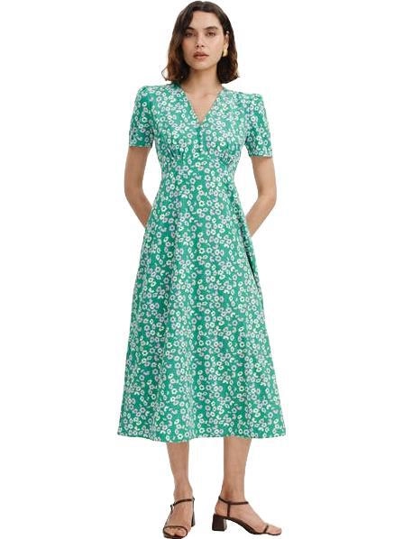 FINERY LONDON Nieve Petite Short Sleeve Midi Dress - Green Daisy
