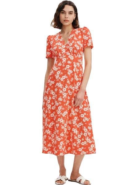 FINERY LONDON Nieve Petite Short Sleeve Midi Dress - Red Floral