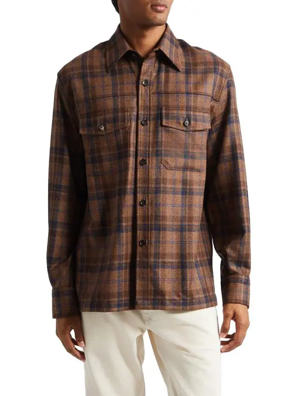 Isaia Plaid Wool & Silk Tweed Overshirt - Medium Bro 420