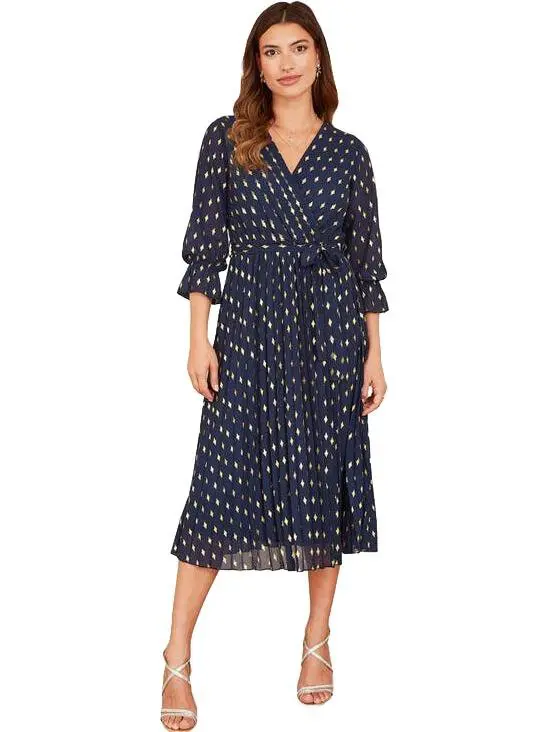 YUMI Wrap Foil Pleated Midi Dress - Navy