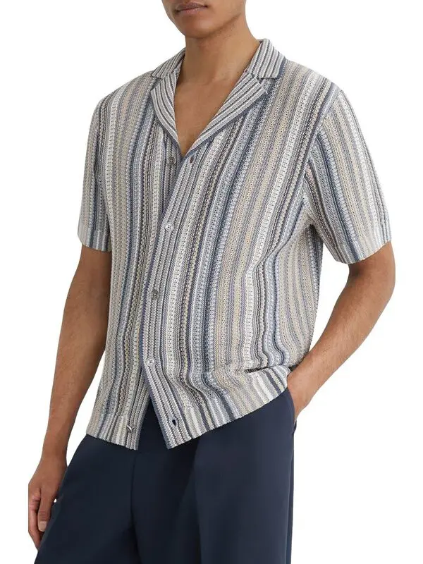 REISS Caden Striped Button-up Camp Shirt - Blue/camel