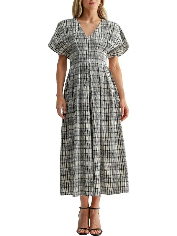 QUINCY MAE Plaid Pleated Dolman Sleeve Cotton Blend Dress - Ivory Black Plaid