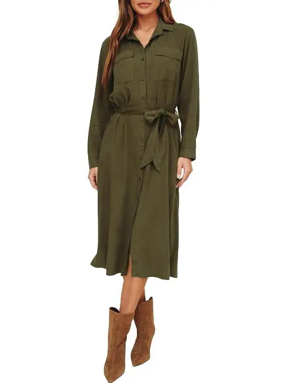 Bella Dahl Tie Waist Long Sleeve Midi Dress - Olive Night