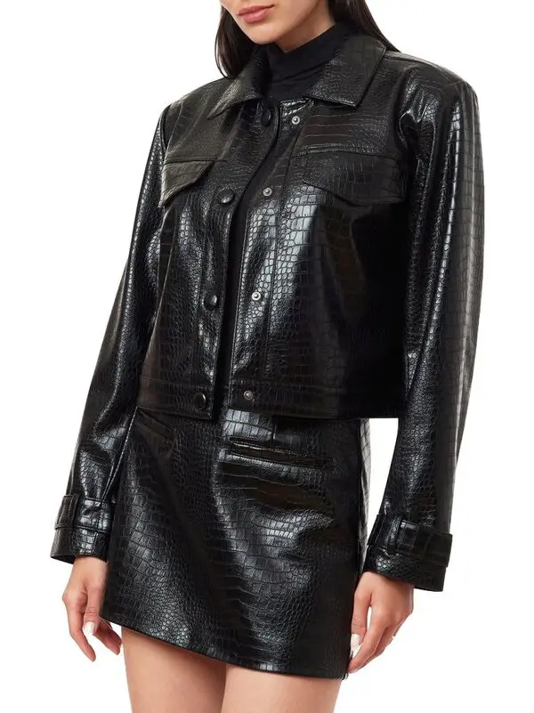 Habitual Croc Embossed Faux Leather Shrunken Jacket - Jet Black