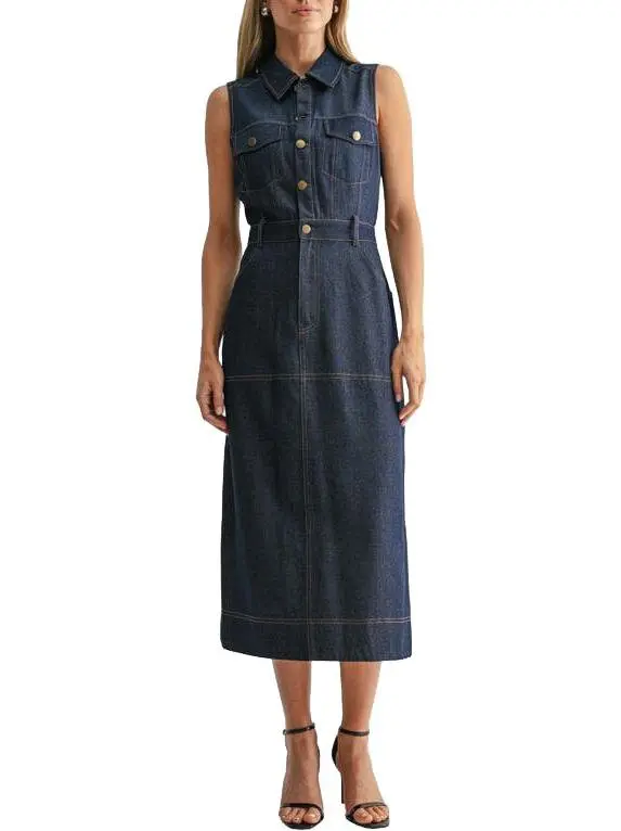 QUINCY MAE Sleeveless Cotton Blend Denim Utility Dress - Dark Denim