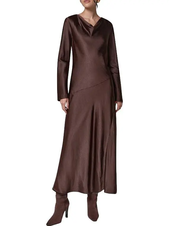 Donna Karan New York Long Sleeve Draped Neck Satin Dress - Espresso