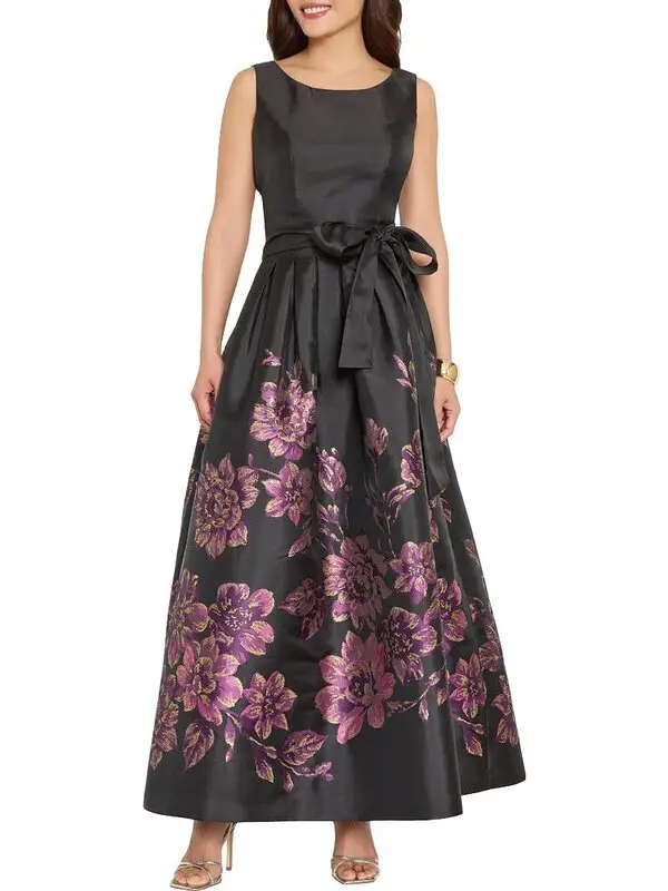 TAHARI ASL Placed Metallic Floral Sleeveless Gown - Black Cranberry