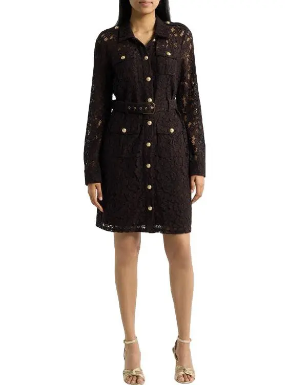 TAHARI ASL Lace Long Sleeve Shirtdress - Espresso