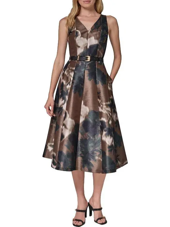 Donna Karan New York Printed V-neck Belted Midi Dress - Olive Brown
