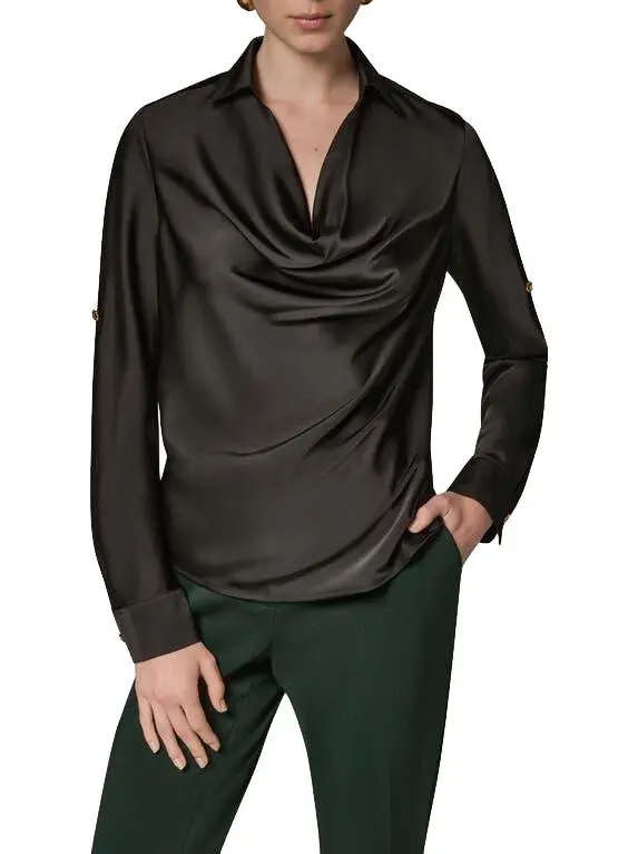 Donna Karan New York Cowl Neck Top With Roll Sleeves - Black