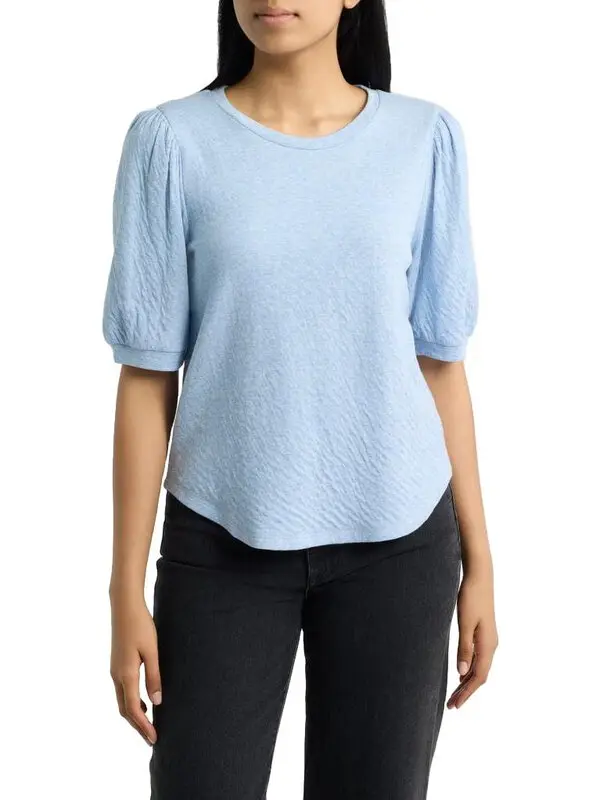 Bobeau Puff Sleeve Textured Cotton T-shirt - Lt Denim/ivory