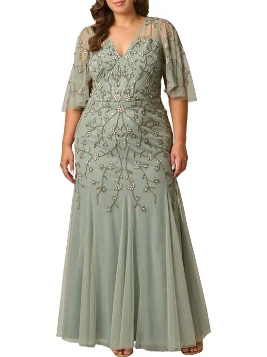 Adrianna Papell Beaded Mesh Cape Sleeve Gown - Sage