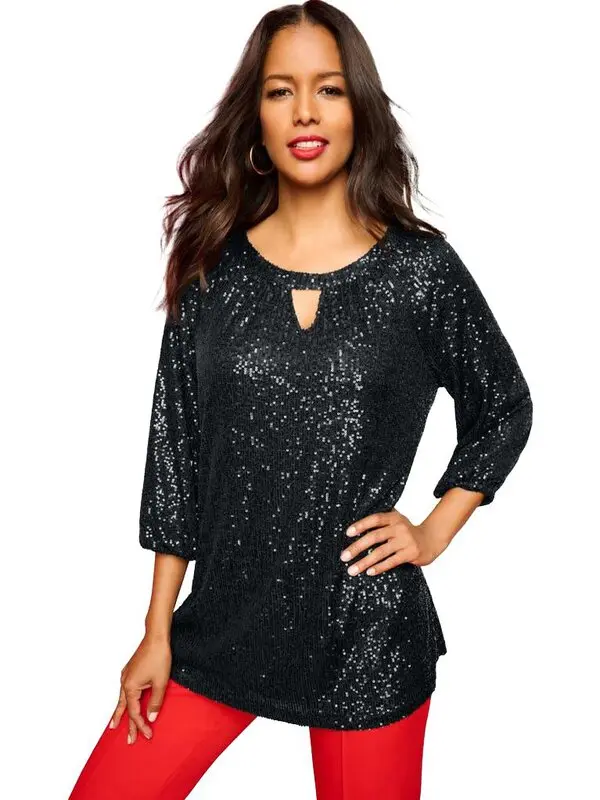 Roaman's Flared Sleeve Keyhole Lace Tunic - Black
