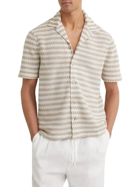 REISS Island Striped Knit Button-up Shirt - White/oatmeal