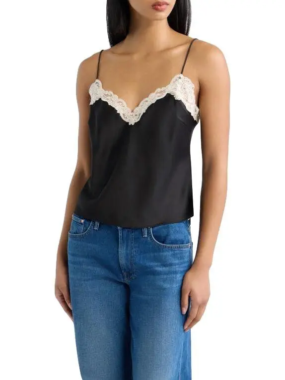 LoveShackFancy Roxsana Lace Trim Satin Camisole - Black