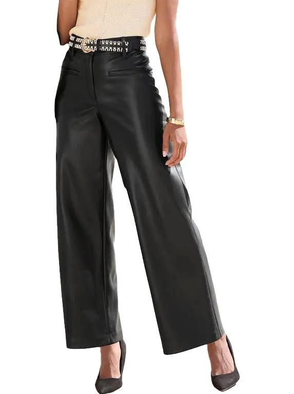 LASCANA Faux Leather Wide Leg Pants - Black