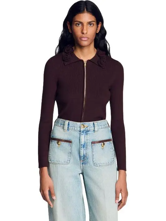Sandro Cardigan With Floral Collar - Brown