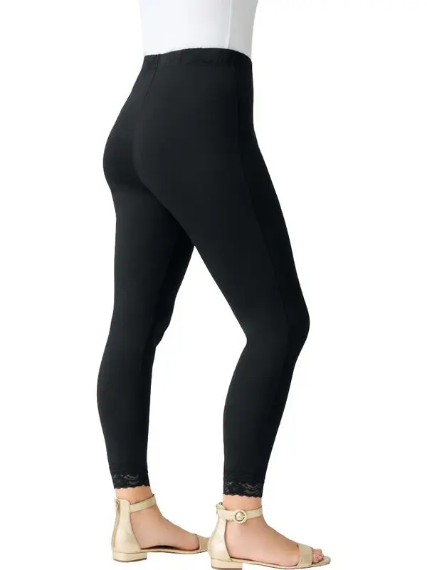 Roaman's Lace Trim Essential Stretch Legging - Black