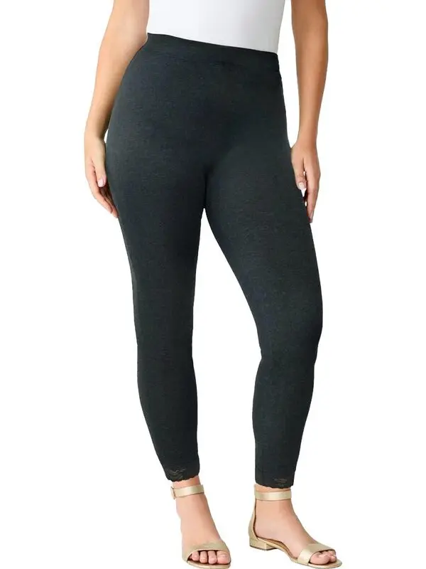 Roaman's Lace Trim Essential Stretch Legging - Heather Charcoal
