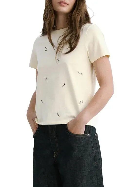 Mango Floral Embroidered Cotton T-shirt - Vanilla