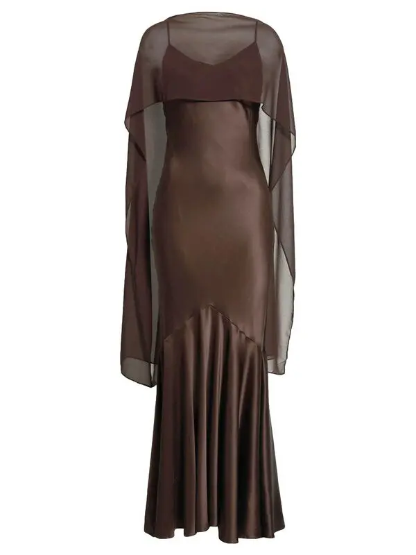 REFORMATION Tiffani Silk Charmeuse Dress With Cape Overlay - Black Bean