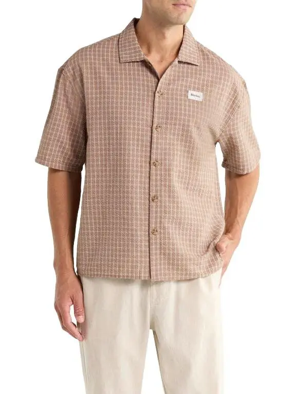 RHYTHM Frequency Check Short Sleeve Cotton Seersucker Button-up Shirt - Caramel