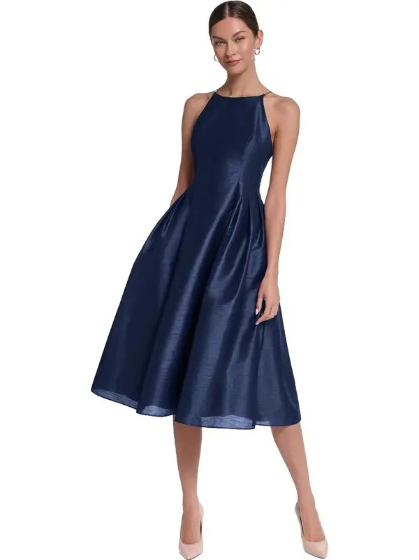 Halston Spaghetti Strap Fit & Flare Midi Dress - Navy