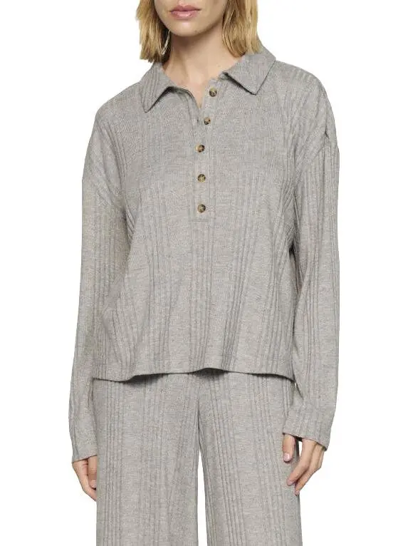Eberjey Variegated Rib Long Sleeve Polo - Dark Heather Grey