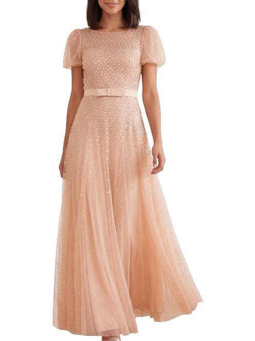 NEEDLE & THREAD Sequin Cascade Bow Short Sleeve Gown - Wheat/cream