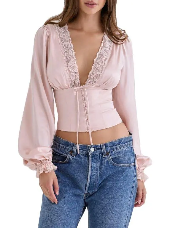 House Of Cb Luciana Silk Balloon Sleeve Crop Top - Pink