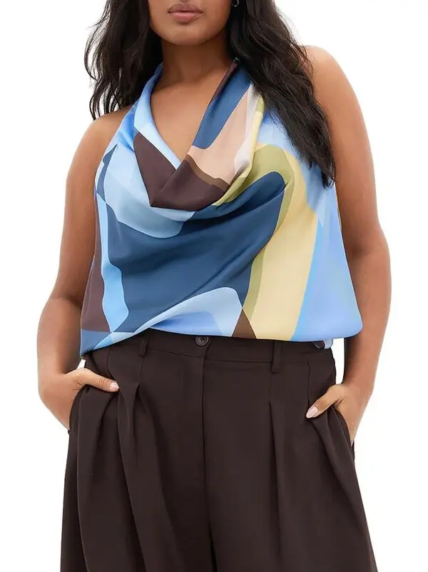 City Chic Chloe Print Cowl Neck Sleeveless Top - Blue Abstract