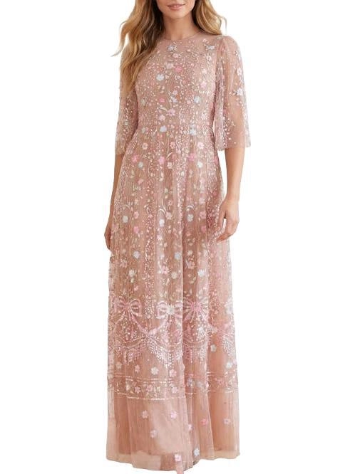 NEEDLE & THREAD Rococo 3/4 Sleeve Embroidered Gown - Wheat