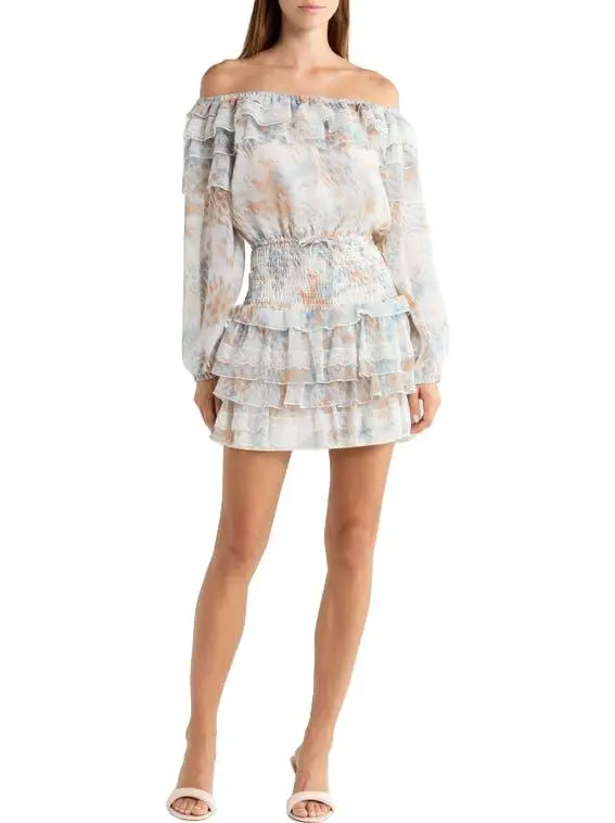 KITTENISH Off-the-shoulder Ruffled Minidress - Blue Swirl