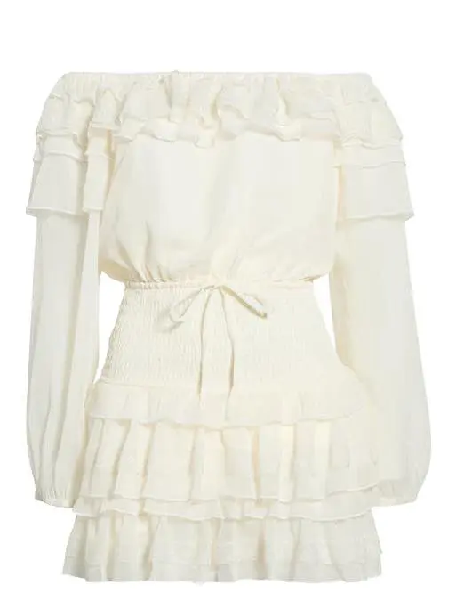 KITTENISH Ruffle Off The Shoulder Long Sleeve Smocked Waist Minidress - Egret