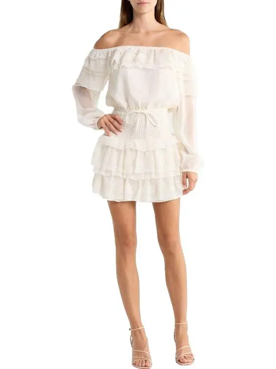 KITTENISH Off-the-shoulder Ruffled Minidress - Egret