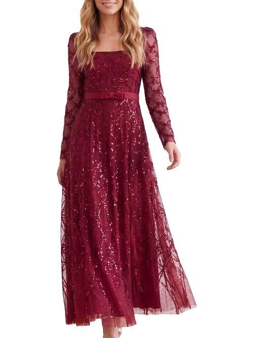 NEEDLE & THREAD Bow Lattice Long Sleeve Sequin Gown - Garnet