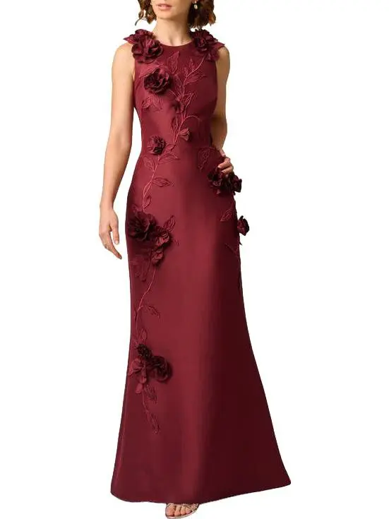 Aidan Mattox Floral Appliqué Stretch Mikado Gown - Mahogany