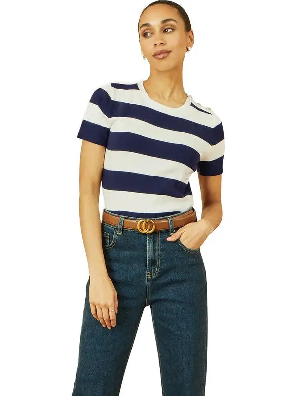 YUMI Block Stripe Knitted Top - Navy