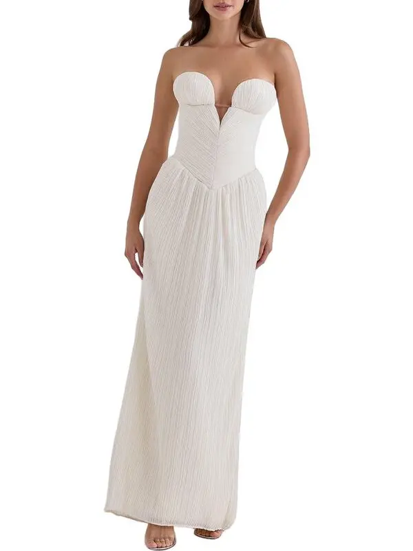 House Of Cb Valeriana Strapless Pleated Chiffon Gown - White