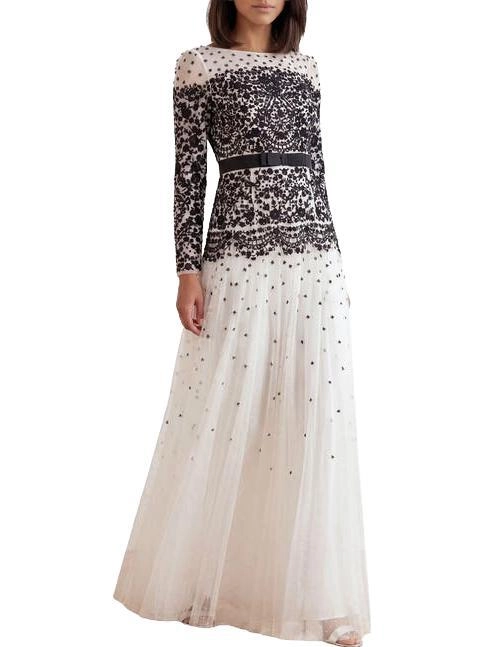 NEEDLE & THREAD Gilded Lace Long Sleeve Maxi Gown - Chalk/graphite