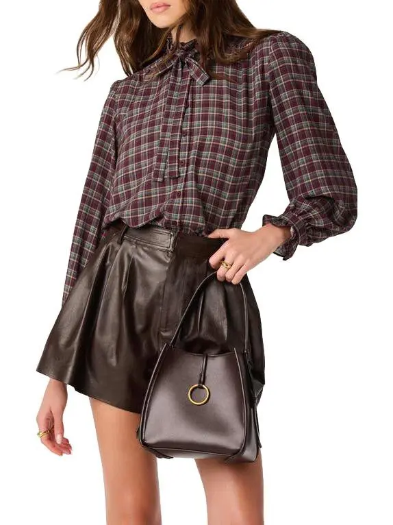 Astr The Label Alyssa Plaid Tie Neck Top - Eggplant Plaid