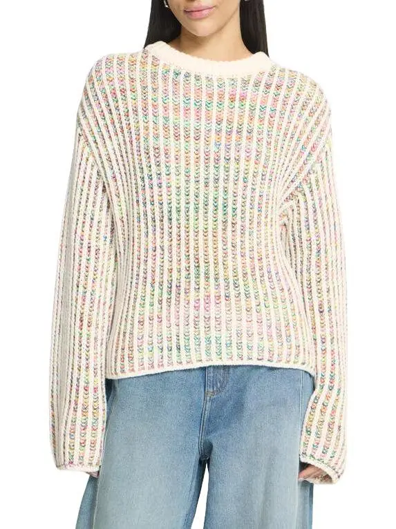 ICHI Ribbed Crewneck Sweater With Long Balloon Sleeves - Cloud Dancer W Multicolor