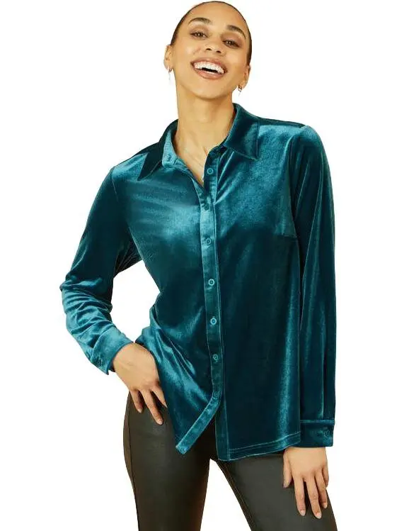 YUMI Velvet Relaxed Fit Button-down Shirt - Teal