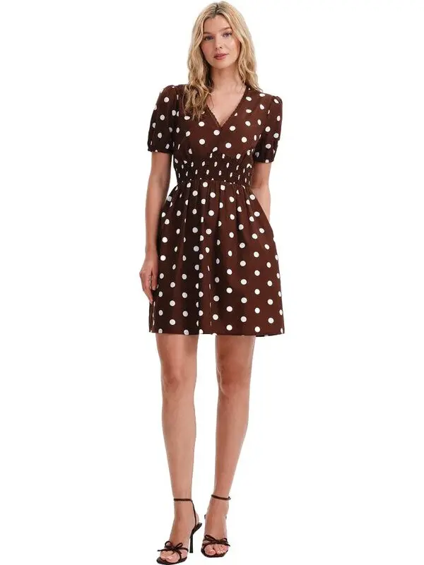 FINERY LONDON Meadow Polka Dot Short Dress - Brown Spot