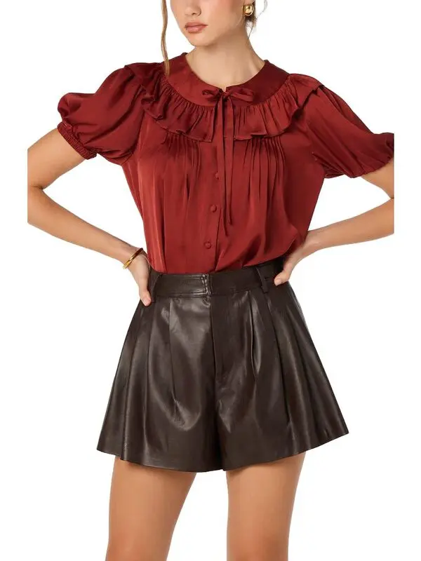 Astr The Label Zayne Ruffle Satin Top - Rust