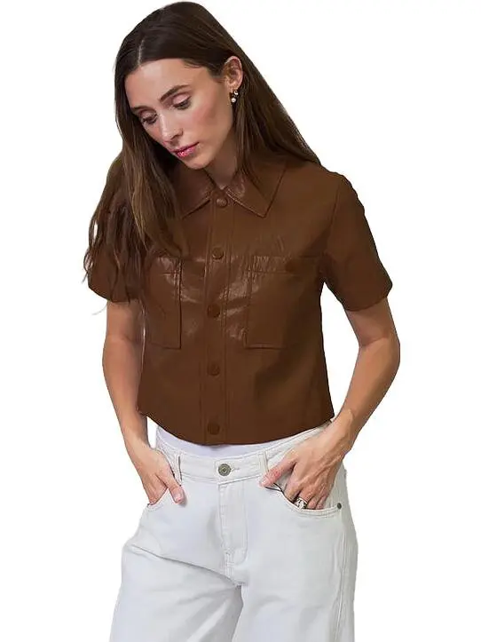 Central Park West Quinn Short Sleeve Vegan Cropped Jacket - Saddle