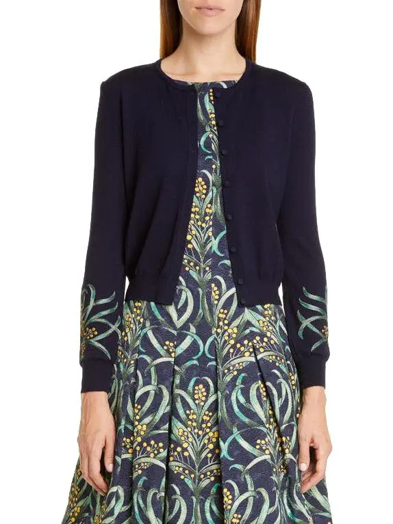 Oscar De La Renta Mimosa Stems Embroidered Wool Cardigan - Navy