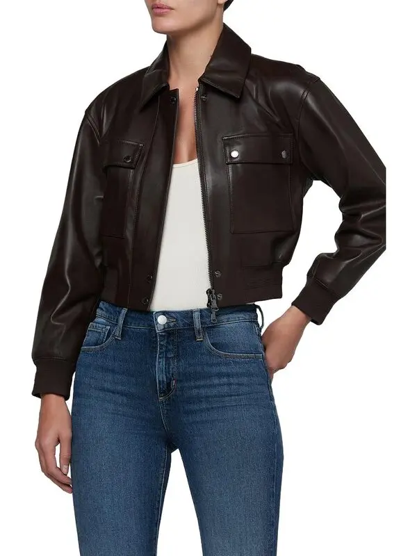 L'Agence Clotilde Leather Bomber Jacket - Brunette