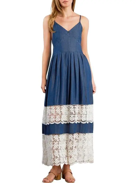 WASH LAB DENIM Light Veil Lace Inset Midi Dress - Denim
